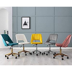 Guyou Desk Chair Armless Office Chair Gold and White, Upholstered Velvet Home Office Chair Cute Vanity Stool for Small Space Teens Study Makeup with Hollow Back, White