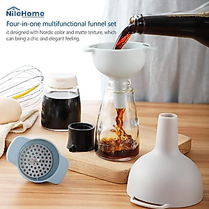 NileHome Funnels for Kitchen Use Removable Kitchen Funnels Set of 3 Food Grade PP Plastic Funnels Wide Mouth Oil Funnels with Strainer Filter for Filling Bottles, Liquid, Powder, Solid Particles