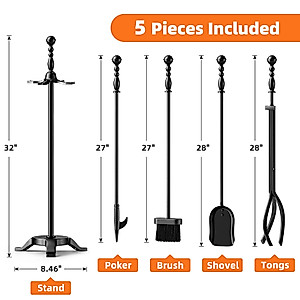 COMFYHOME 5 Piece Fireplace Tools Set, 32'' Heavy Duty Fireplace Tools with Stand, Fire Poker, Shovel, Tongs, Brush, Black Handle Fireplace Kits for Indoor Modern Chimney, Wood Stove, Outdoor Fire Pit