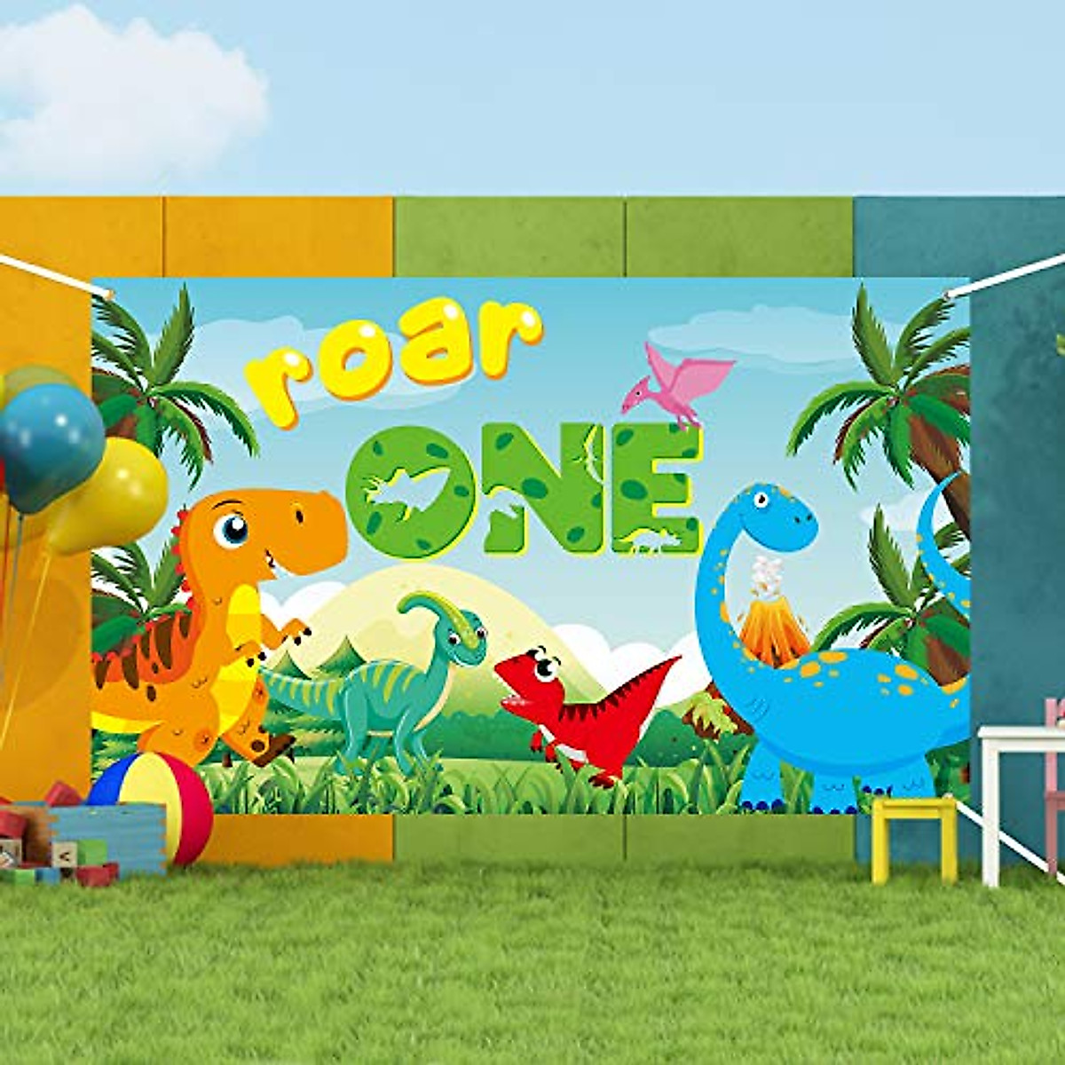 WATINC Roar One Birthday Backdrop Banner Dinosaur Theme 1 Year Old Wild Forest XtraLarge Background Photo Booth Photography Baby Shower Polyester Party Decorations Supplies for Home Studio 71x43 Inch