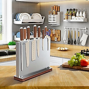 Magnetic Knife Holder Stand Block: Double Sided Magnetic Knife Holder Without Knifes Stainless Steel Knife Display Storage Rack for Kitchen Counter with Strong Enhanced Magnet and Wood Base - Silver