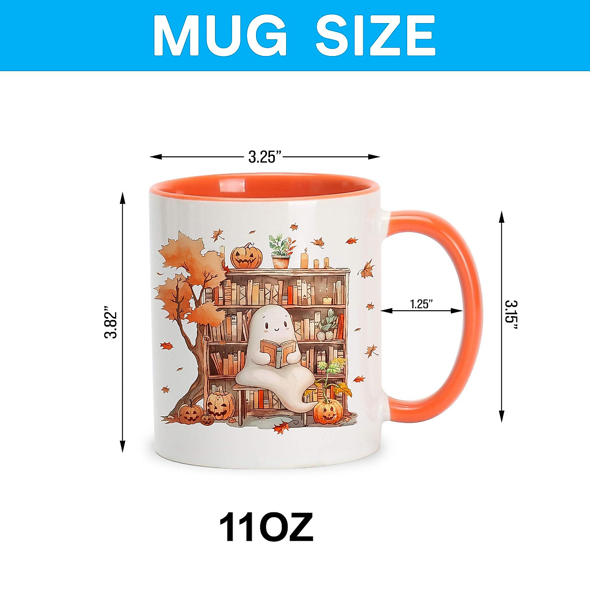 Hyturtle Fall Halloween Coffee Mug - Cute Ghost Reading Book Mug - Maple Leaves Spooky Pumpkin Gifts For Men Women On Halloween Birthday Christmas - 11oz Two Tone Orange/White Ceramic Coffee Tea Cup