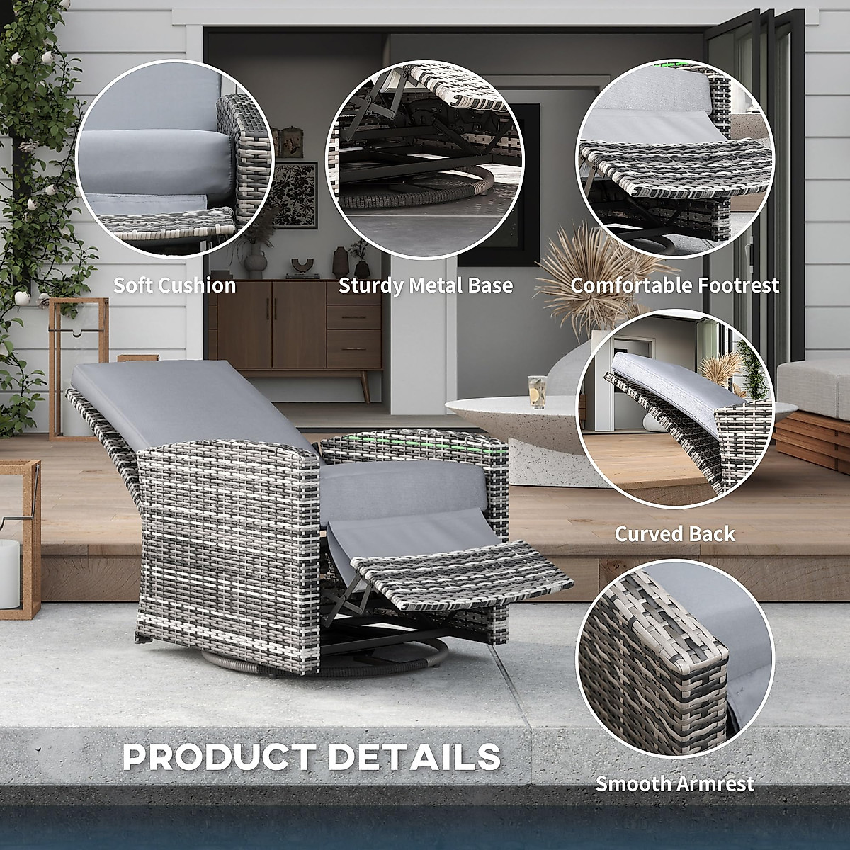 Outsunny Outdoor Wicker Swivel Recliner Chair, Reclining Backrest, Lifting Footrest, 360° Rotating Basic, Water Resistant Cushions for Patio, Grey