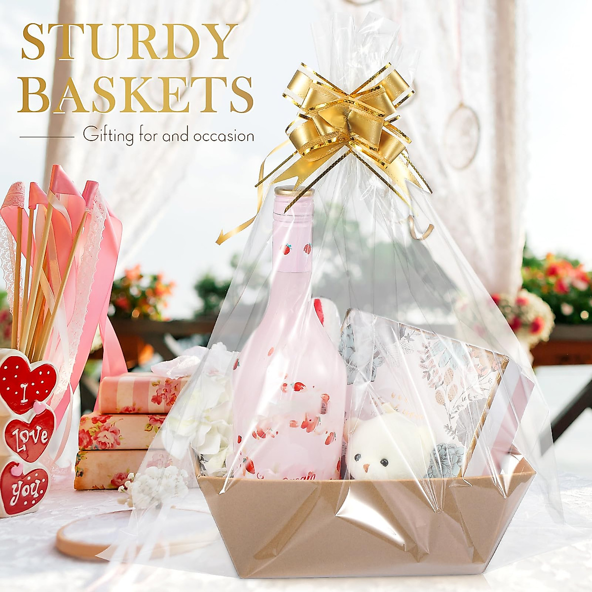 Mimorou,22 Pieces Baskets for Gifts Empty Gift Basket Kit Includes 6 Empty Gift Baskets 6 Clear Gift Bags for Baskets and 10 Gold Pull Bows Gift Packages for Wedding Birthday Thanksgiving Party Gift Wrapping