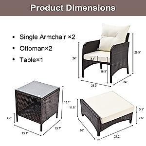 Koruiten 5 Pieces Wicker Patio Furniture Sets, PE Rattan Outdoor Table and Chairs Conversation Set, Outside Furniture with Cushions and Ottomans for Balcony Porch Lawn Garden (White)