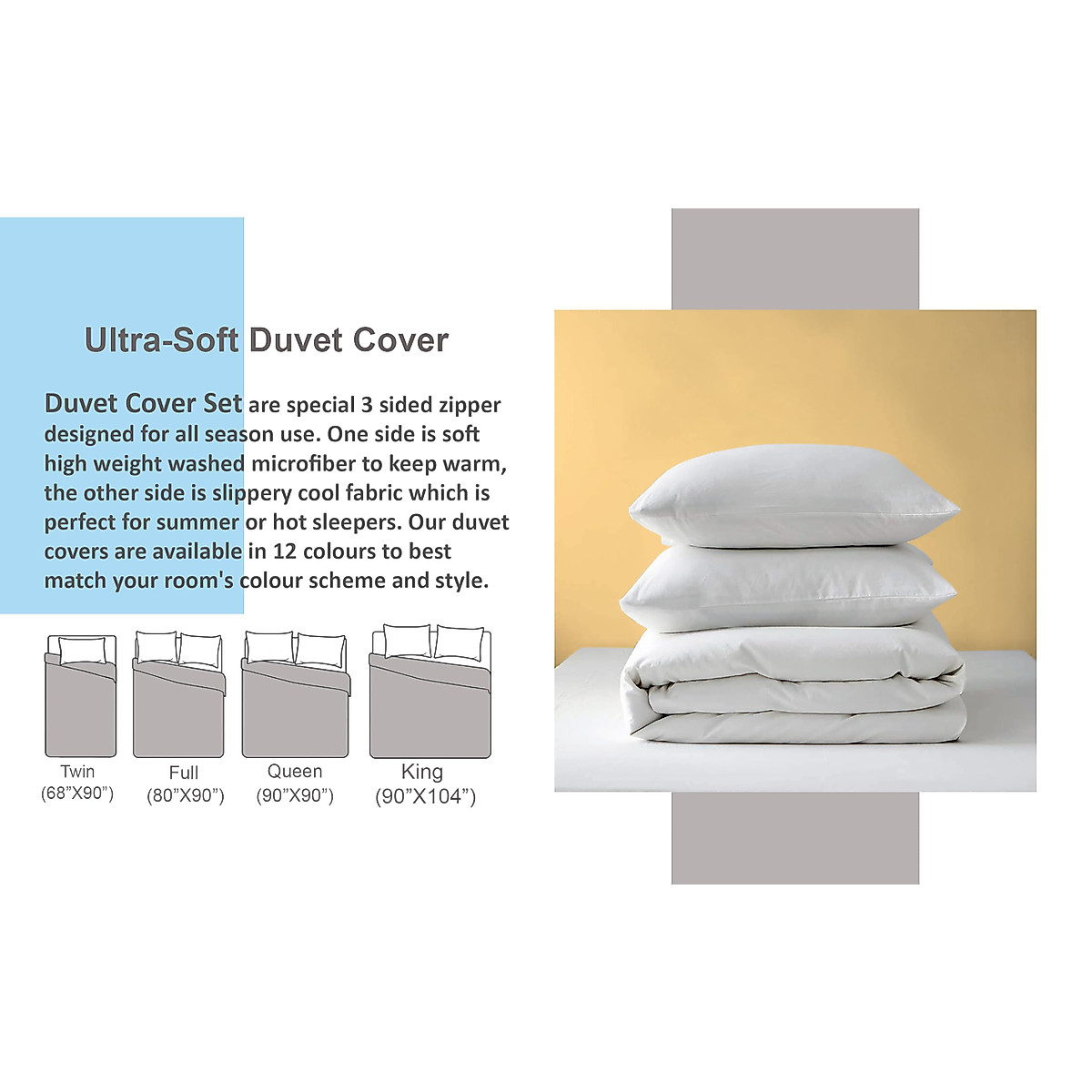 3 Sided Zipper Duvet Cover Set Queen Size White - Soft Microfiber Duvet Cover Set with 3 Sided Zipper Closure, 3 PCS Queen Size Duvet Cover (90"x90") & 2 Pillow Cases(20"x30"), NO Comforter