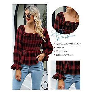 BMJL Womens Flannel Shirts Square Neck Fall Shirts Buffalo Plaid Peplum Top Sexy Off The Shoulder Top Trendy 2023 Fall Fashion(Black&Red,XL)