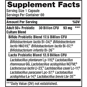 Renew Life Adult Probiotics 50+, 30 Billion CFU Guaranteed, Probiotic Supplement for Digestive & Immune Health, Shelf Stable, Gluten Free, Extra Care, For Men & Women, 60 Capsules
