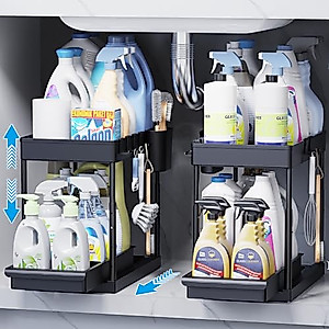 ESSBLIN Under Sink Organizer,1 Pack Height Adjustable Under Cabinet Storage for Bathroom Kitchen Cleaning Supplies with Hooks Hanging Cup,2 Tier Sturdy Large Capacity Pull Out Drawer Black