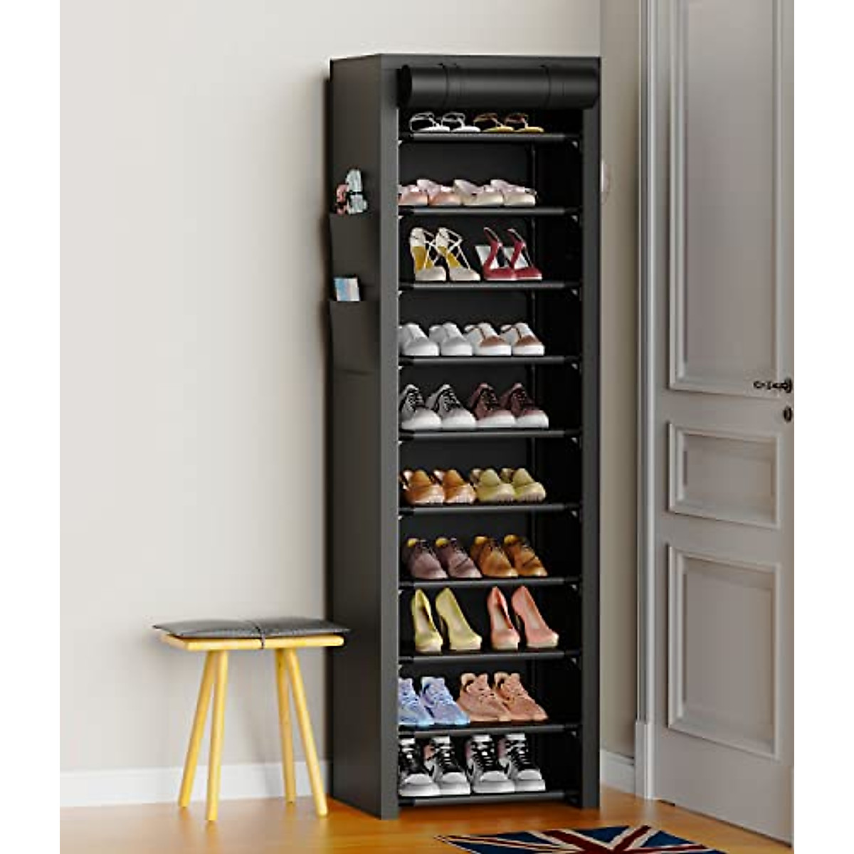 VTRIN Narrow Shoe Rack with Covers 10 Tiers Tall Shoe Rack for Closet Entryway Sturdy Shoe Rack Organizer Holds 20-22 Pairs Free Standing Shoe Storage Cabinet with Dustproof Cover Shoe Shelf