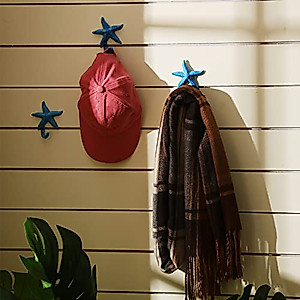 Set of 6 Starfish Cast Iron Wall Hooks Sea Star Decorative Wall Hook Antique Blue Outdoor Towel Hooks Starfish Decorative Coat Hooks for Aprons Hats Keys Bathroom Kitchen