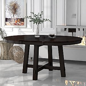 JIJIWANG Farmhouse Round Extendable Dining Table with 16" Leaf,Kitchen Table for 4-6,Table for Living Room,Home(Espresso)