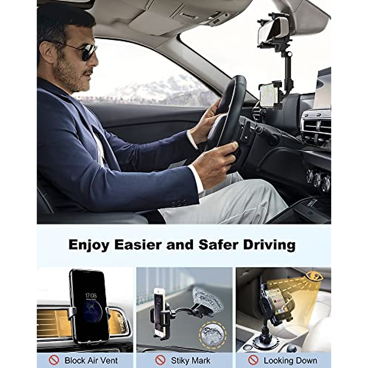 OFY Phone Mount for Car, [2023 Upgraded 4 Clip Never Fall] Rear View Mirror Phone Holder, 360 Rotatable and Retractable Car Phone Holder for Most Mobile Phones & Vehicles