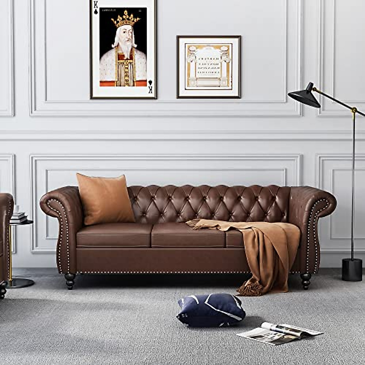 PHOYAL Modern 3 Seater Couch, Large Sofa Furniture, Roll Arm Classic Tufted Chesterfield Settee Leather Sofa with Channel Tufted Seat Back for Living Room, Dark Brown PU