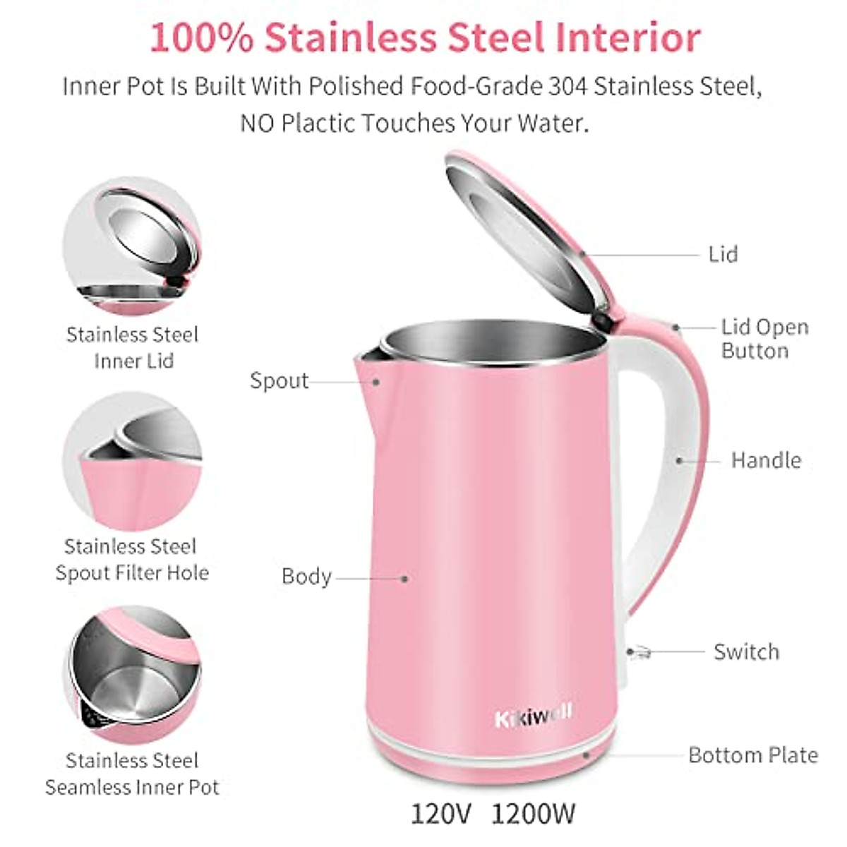 Electric Kettles Stainless Steel for Boiling Water, Double Wall Hot Water Boiler Heater, Cool Touch Electric Teapot, Auto Shut-Off & Boil-Dry Protection, 120V/1200W, 1.8Liter, 2 Year Warranty(Pink)