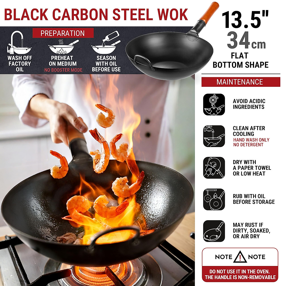 YOSUKATA Carbon Steel Wok Pan – 13,5 “ Woks and Stir Fry Pans - Chinese Wok with Flat Bottom Pow Wok - Traditional Chinese Japanese Woks - Black Steel Wok