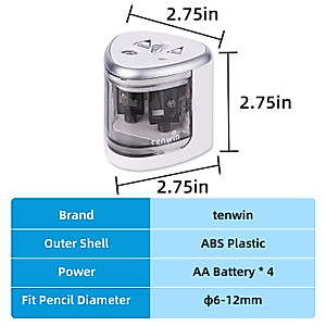 tenwin Electric Pencil Sharpener for Colored Pencils, Battery Operated Pencil Sharpeners for No.2 and 6-12mm Pencils, Dual Hole for Office School Artists Adults Kids Use（Silver）