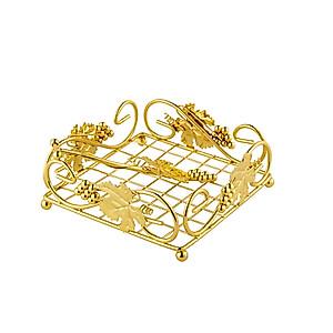 Flat Napkin Holder for Table Gold With Weight Arm for Kitchen Courtertops Dinning Table Grape Leaf Modern Tissue Dispenser Stainless Steel Gilding (7" L X 7" W X 2.5" H)