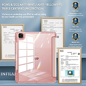 INFILAND Compatible with iPad Pro 12.9 Case 2022/2021(6th/5th Gen), [Crystal Clear Both Back & Frame] Anti-Yellowing + Pencil Holder (A2378, A2461, A2379, A2462, A2436, A2764, A2437, A2766), Rose Gold
