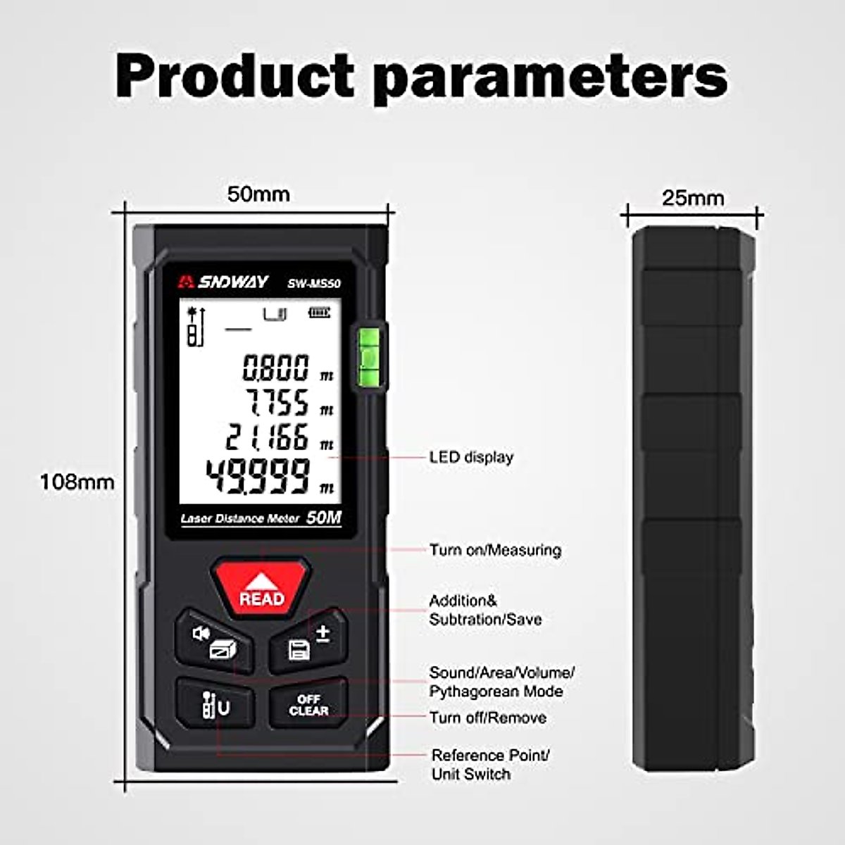 Laser Measurement Tool 165Ft, Digital Laser Distance Meter Bubble Levels, Handheld Laser Tape Measure 50M, High Accuracy Digital Tape Measure Backlit LCD, IP54, Area, Volume, Pythagoras