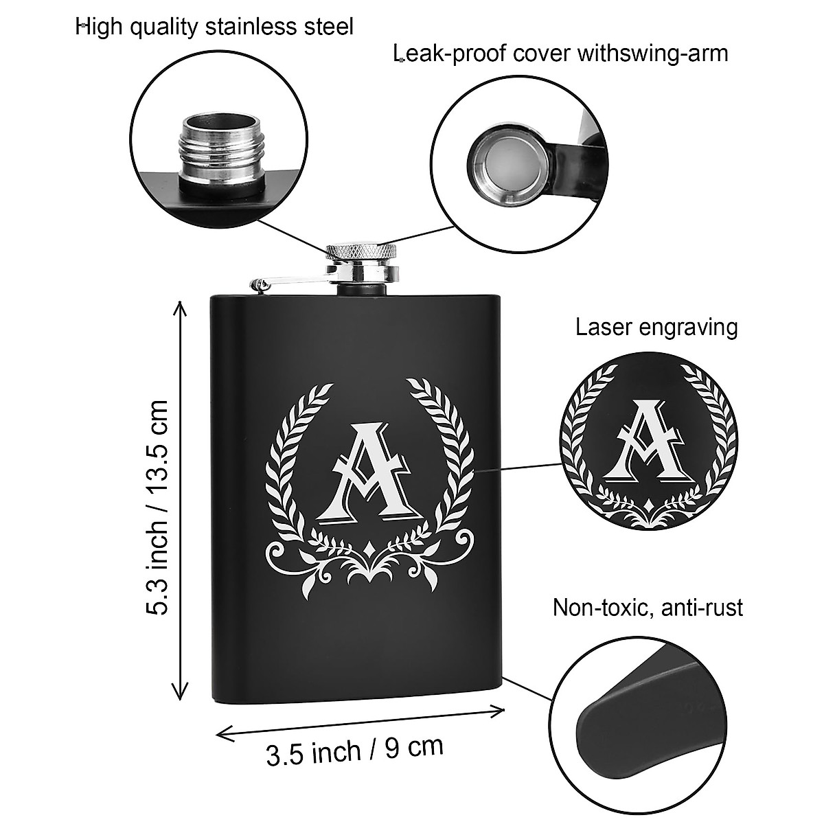 ELEGANTPARK Hip Flasks for Liquor for Men with Initials Monogrammed Gifts for Men Birthday Personalized Gifts for Him Groomsmen Dad Engraved Hip Flask with Funnel 8 OZ Letter A