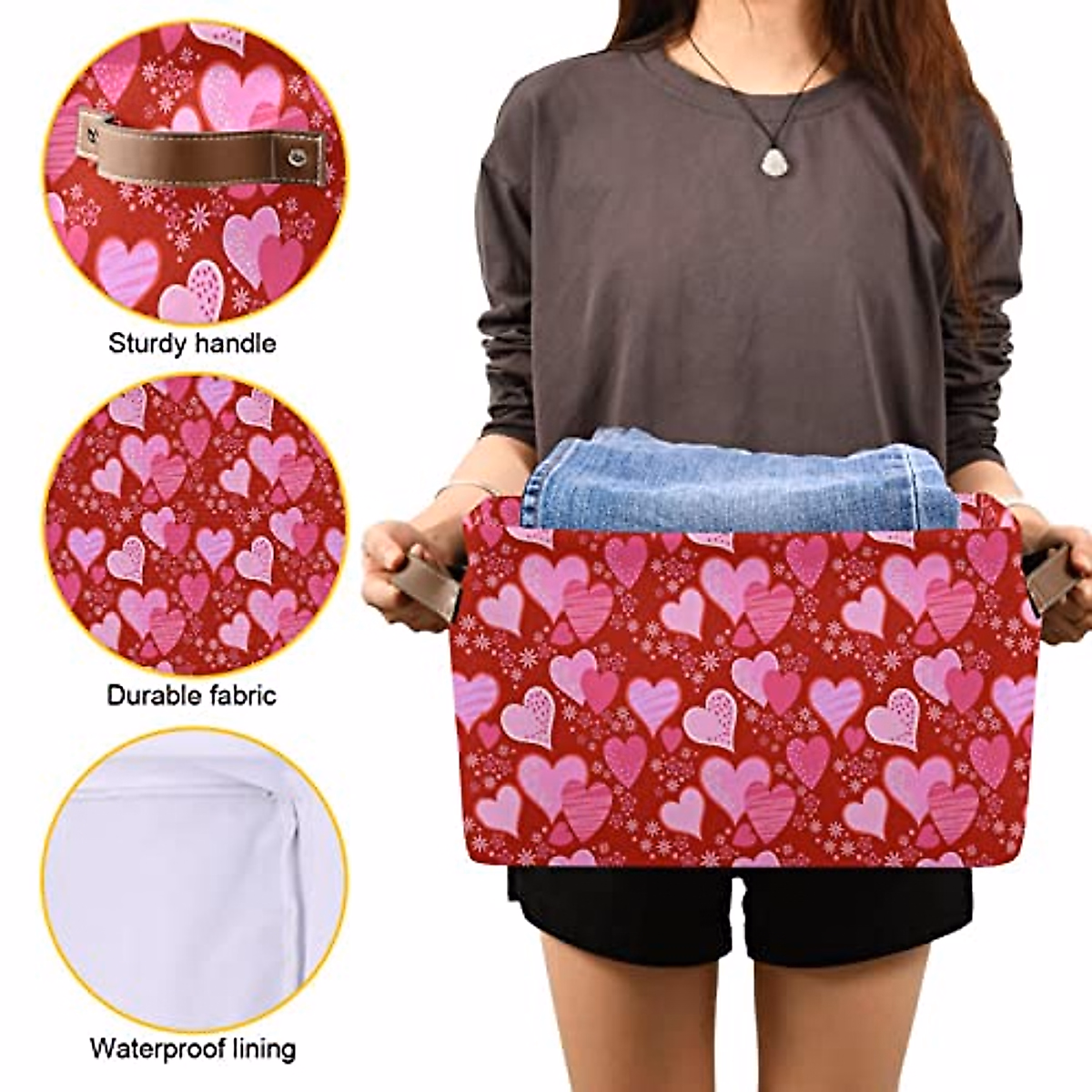 Wusikd Valentines Day Red Heart Storage Basket Set of 1 Large Fabric Flowers Spring Storage Basket Bins Box Cube with Handles Collapsible Closet Shelf Clothes Organizer Basket for Nursery Bedroom