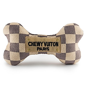 Haute Diggity Dog Checker Chewy Vuiton Bone, Plush Designer Dog Toys with Interactive Squeaker, Stimulating Pet Enrichment, Machine-Washable & Safe Materials for All Breeds, Size Medium