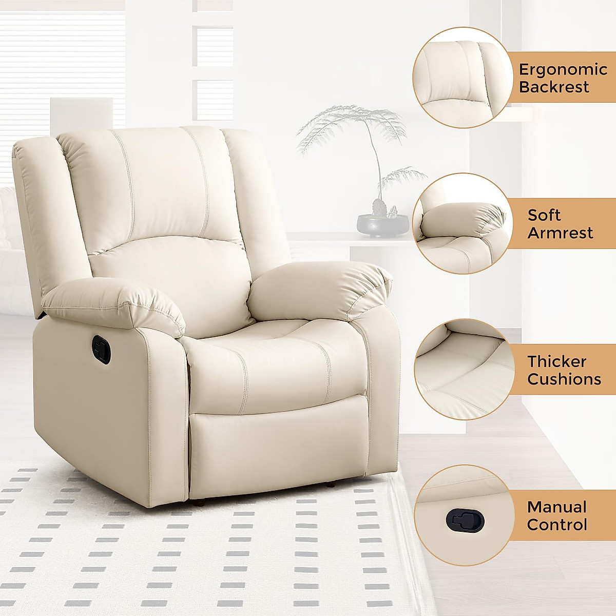 COOSLEEP Manual Recliner Chair, PU Leather Recliner Chair with Overstuffed Arm and Back, Soft Cushions, Recliner Chair for Adults, Single Sofa for Living Room(Beige)