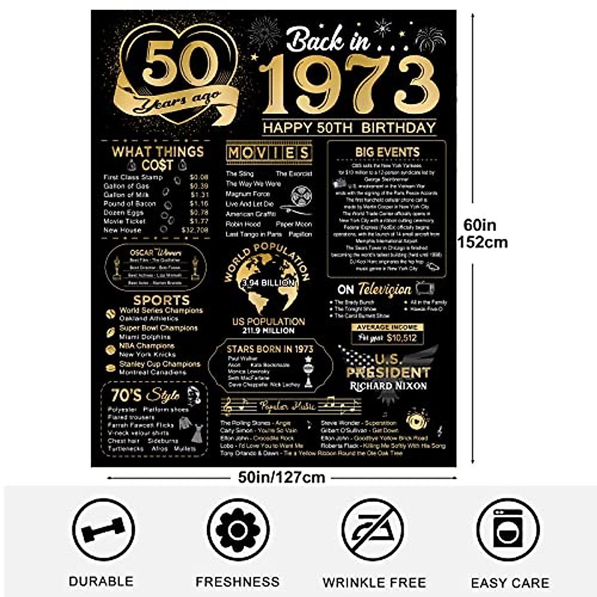 50th Birthday Gifts for Men Women,50th Birthday Decorations for Women Men,50th Birthday Gift Ideas,Great Birthday Gifts for 50 Year Old Grandparents Dad Mom Back in 1973 Throw Blanket 60Lx50W Inch