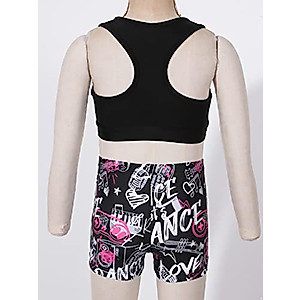 YONGHS Kids Girls Sports Tankini Outfit Crop Top with Booty Shorts Gymnastic Suit Swimsuit Swimwear Rock Music Rose 5-6 Years