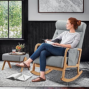 NOBLEMOOD Nursery Rocking Chair with Ottoman, Modern Indoor Baby Nursing Glider Rocker Chair with Free Lumbar Pillow Wooden Armrest for Living Room (Burlywood + Gray)