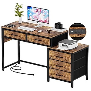 Unikito Computer Desk with 5 Drawers, Reversible Home Office Desk with Power Outlets, Sturdy Writing Desk with File Cabinet and Printer Stand, Vanity Desk with Storage for Small Space, Rustic Brown