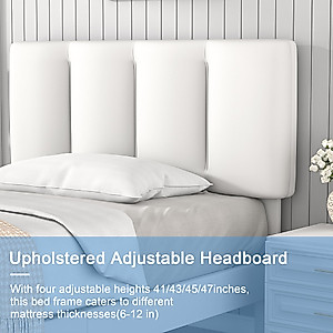 VECELO Twin Bed Frames, Upholstered Platform Bedframe, Adjustable Headboard, Wood Slat Support, No Box Spring Needed, Easy Assembly, White