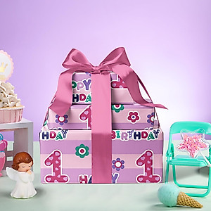 WRAPAHOLIC 1st Birthday Wrapping Paper Sheet - 6 Sheets Pink Happy Birthday with Floral Design Folded Flat for Birthday, Party, Baby Showers - 19.7 Inch X 27.5 Inch Per Sheet