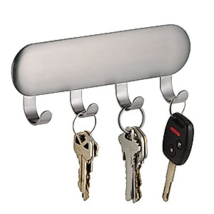 mDesign Metal Peel and Stick Adhesive 4 Hook Storage Rack - Wall Mount Organizer for Entryway, Mudroom, Hallway, Kitchen, Office - Holds Car/House Keys, Leashes - 2 Pack - Brushed Stainless Steel