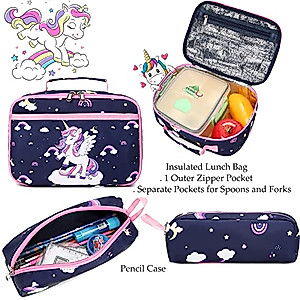 Dafelile Unicorn Backpack for Girls School Backpack Unicorn Bookbag 3 in 1 Set for Girls Elementary with Chest Strap and Lunch Bag