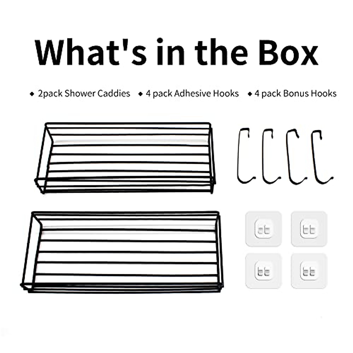 Go Green Tableware GOGN Adhesive Shower Caddy Shelf with 4 Hooks, No Drilling Bathroom Organizer Storage Rack for Restroom, Kitchen- 2 Pack (Black)