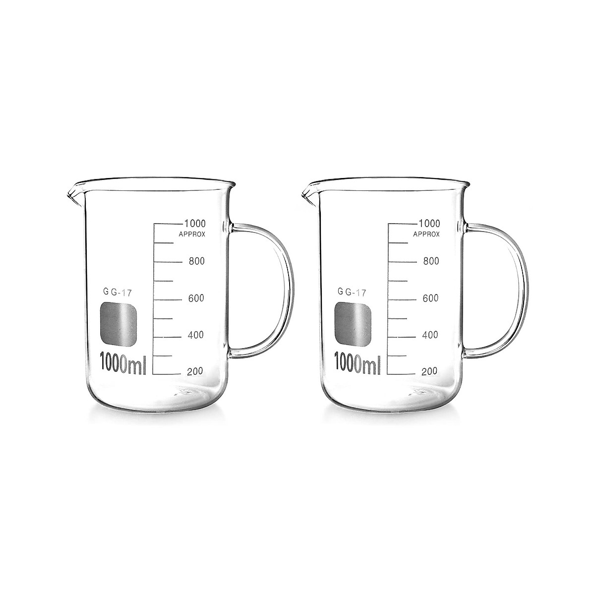 QWORK Beaker with Handle, 1000ml/33.81oz, Measuring Cup, Borosilicate Glass, Beaker Mug with Pouring Spout, 2 Pack