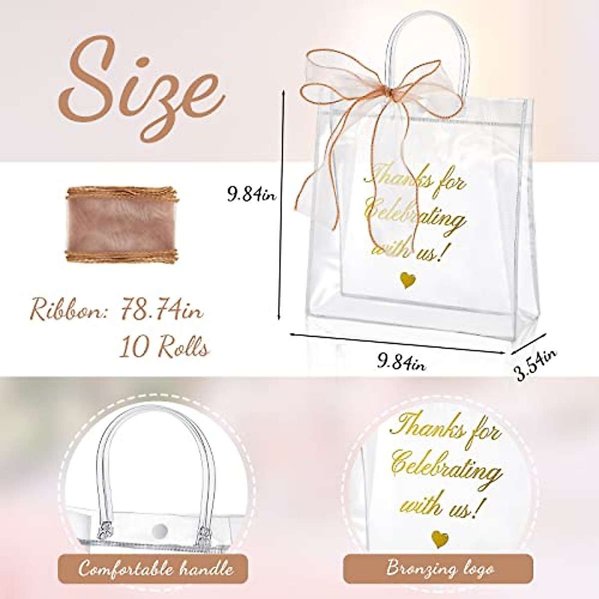 50 Pcs Clear Plastic Gift Bags with Handle Transparent PVC Plastic Gift Wrap Tote Bag Wedding Gift Bags Reusable Small Clear Gift Bags for Shopping Birthday Wedding Party Favor (10 x 10 x 3.5 Inch)