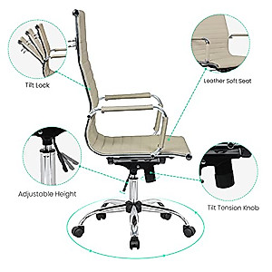 LeisureMod Harris Modern Adjustable Office Executive Swivel Chair Leatherette High-Back Task Office Chair (Tan)