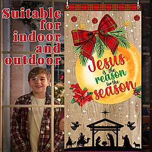 Jesus Is The Reason for The Season Banner, Baby Jesus Christmas Door Decorations,Willow Red Bowknot Holy Nativity Scene Backdrop for Xmas village background Winter Holiday Party Supplies