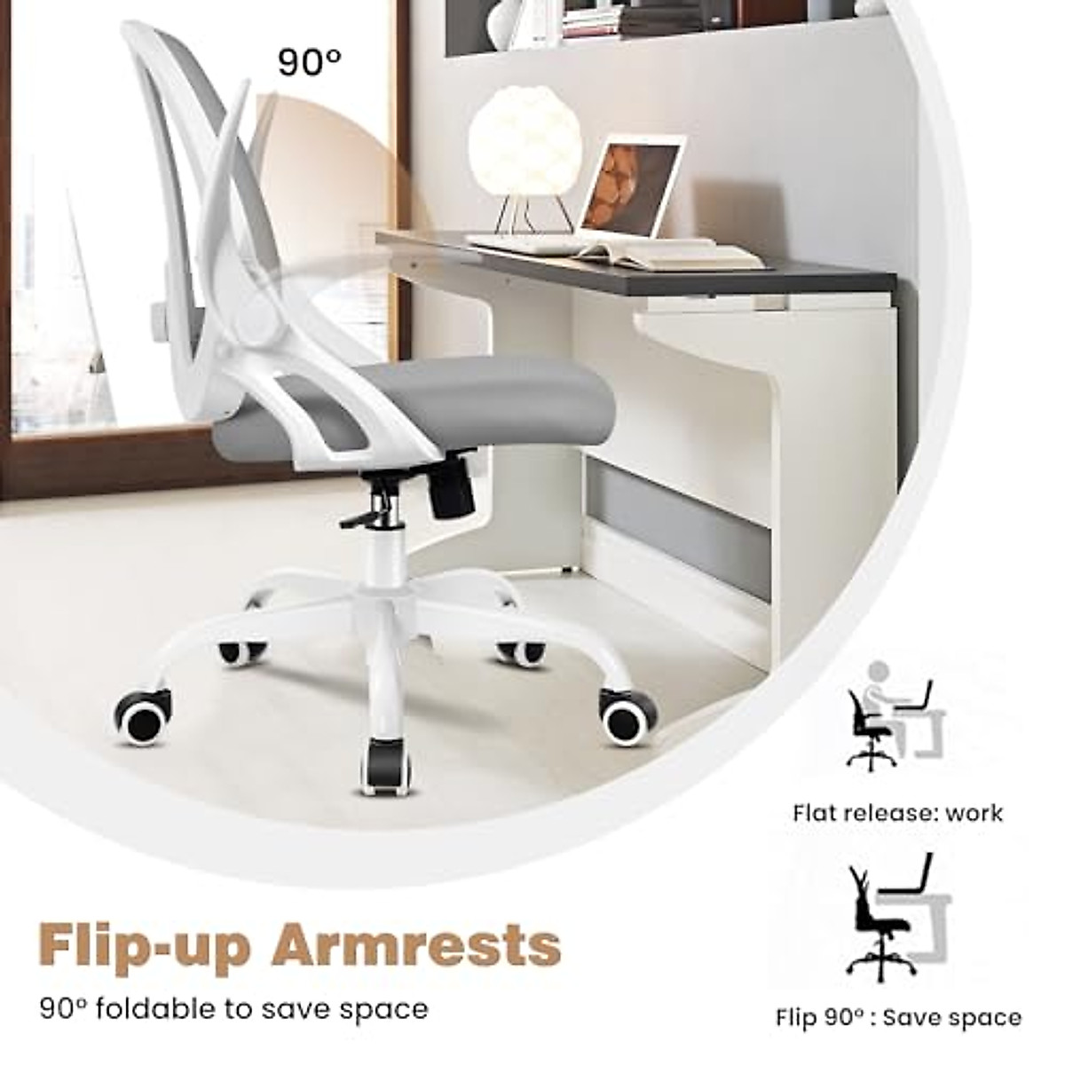 Razzor Office Chair, Ergonomic Computer Desk Chair with Lumbar Support, Breathable Mesh Rolling Swivel Task Chair with Flip-up Armrest and Adjustable Height for Home Office - LightGray