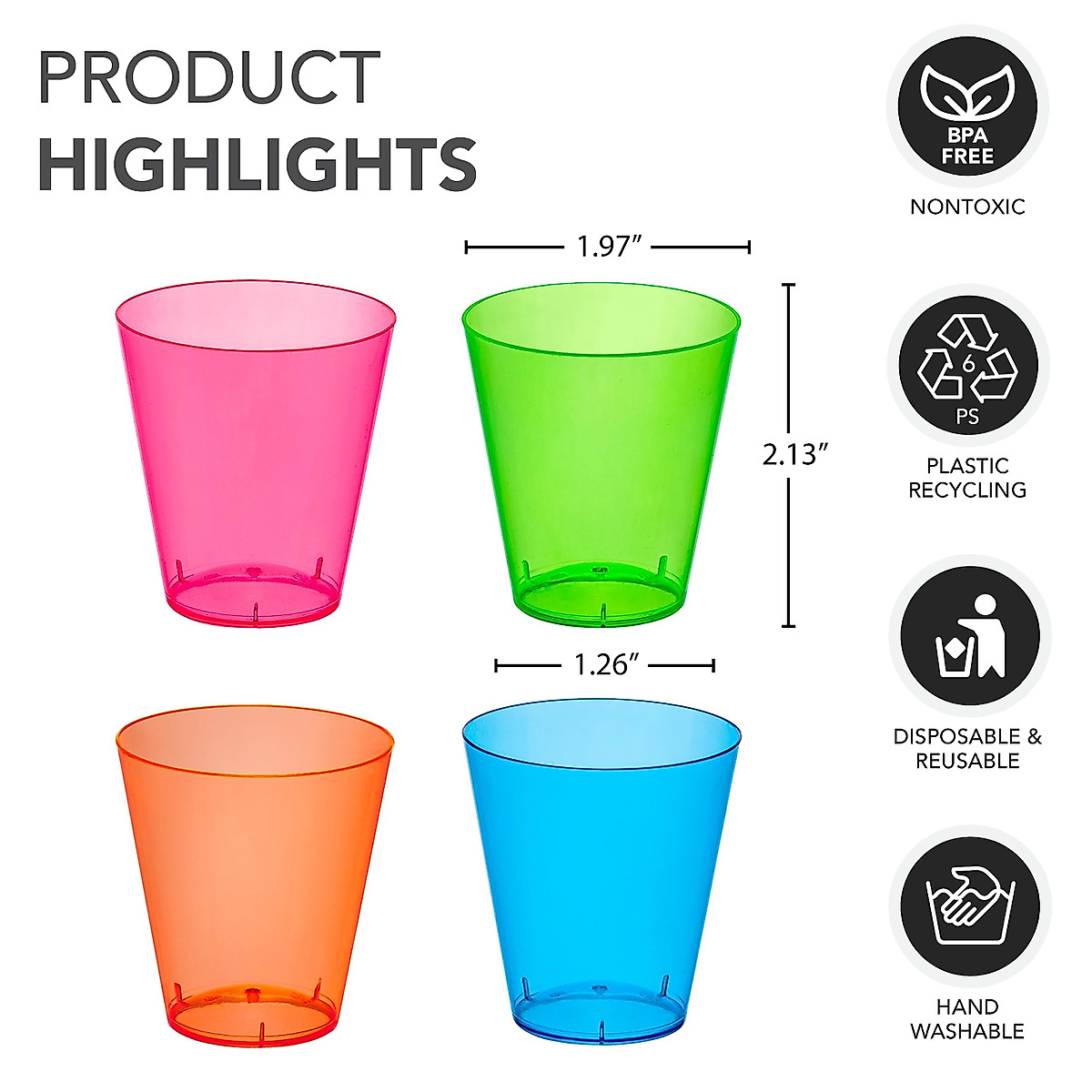 Party Essentials Hard Plastic 2-Ounce Shot/Shooter Glasses, 40-Count, Assorted Neon