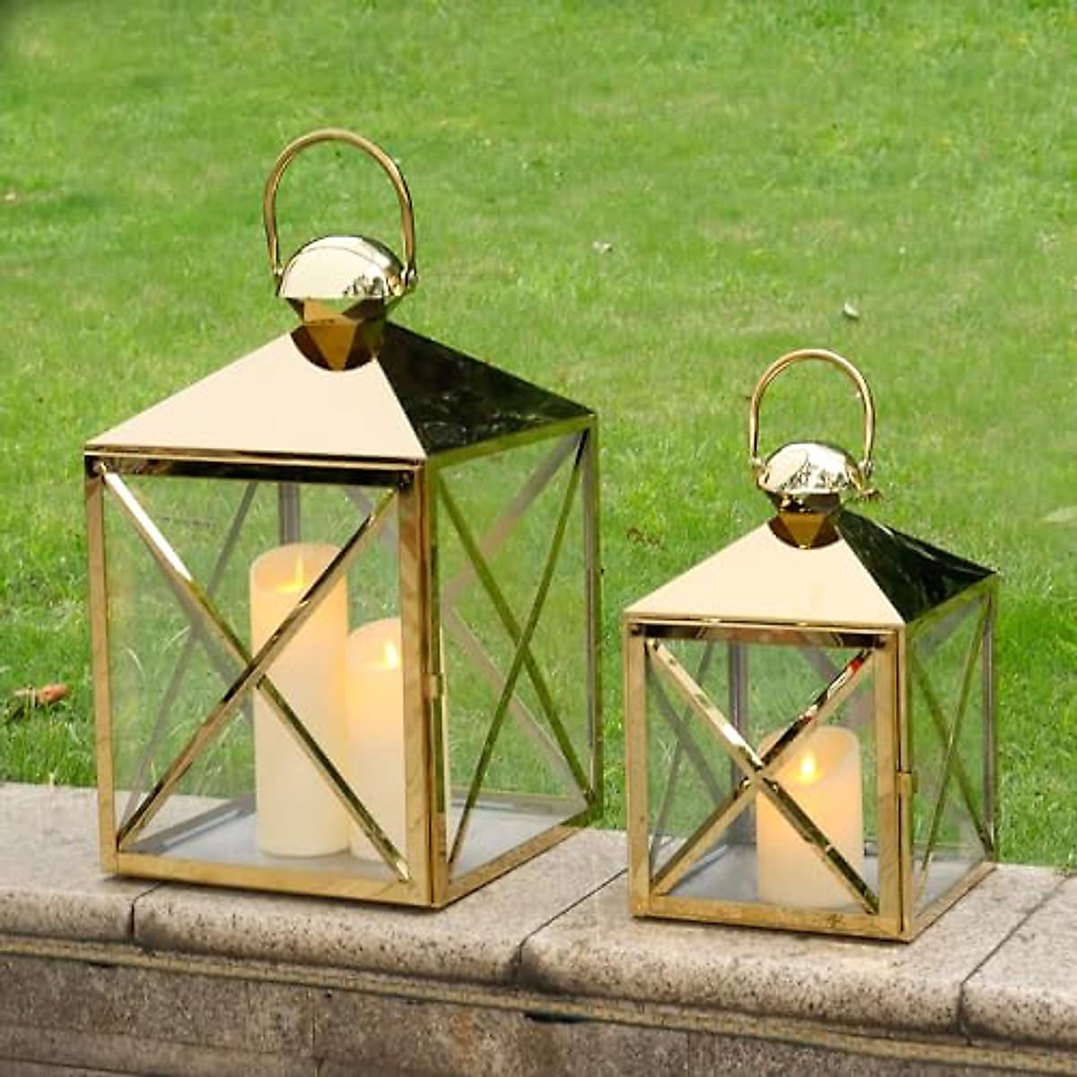 TRIROCKS Set of 2 Stainless Steel Candle Lanterns-19x12''&13x8'' High, Elegant Outdoor Metal Candle Holders with Tempered Glass for Home Decor, Living Rooms, Parties, and Indoor/Outdoor Events (Gold)