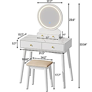 Furmax Vanity Desk Makeup Vanity Table with Lighted Mirror Vanity Set with Modern Desktop, Soft Cushioned Stool, 4 Storage Drawers, 3 Colors Mirror Brightness Adjustable (White)
