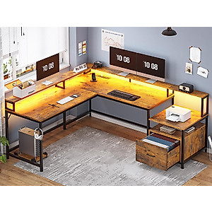 SEDETA L Shaped Desk, 66" Home Office Desk with File Drawer & Power Outlet, Gaming Desk with Led Lights, Corner Computer Desk with Monitor Shelf, Printer Storage Shelves, Two Person Desk, Rustic Brown