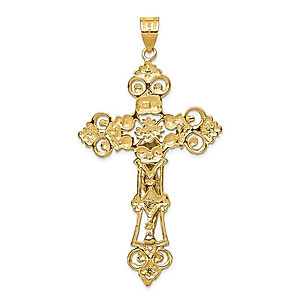 Solid 14k Yellow and White Gold Two Tone INRI Fleur De Lis Cross Pendant Crucifix Charm - 68mm x 36mm