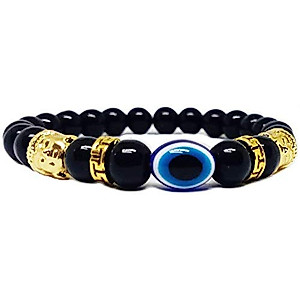 Frienemy Presents Black Tourmaline Stone Bracelet with Evil Eye and Golden Buddha Head 8 Mm Beads Reiki Crystal Charm Bracelet for Men and Women #Frienemy-159