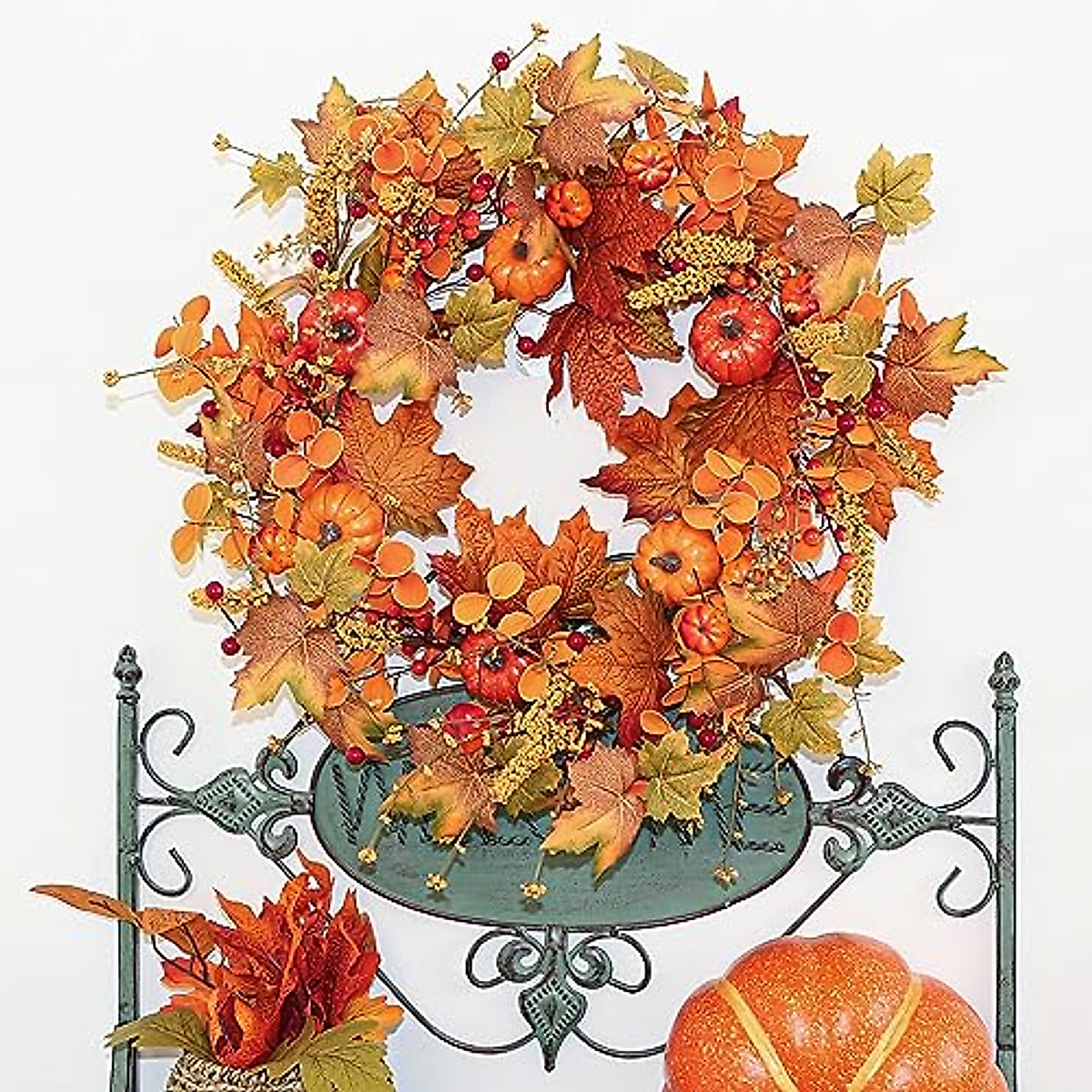 Yawwind 20 inch Fall Wreath Artificial Autumn Wreath with Orange Maple Leaves Pumpkin and Berry Harvest Wreath Thanksgiving Farmhouse Fall Wreaths for Front Door