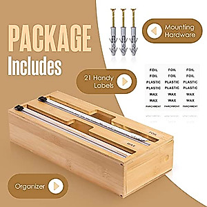 Plastic Wrap Dispenser with Cutter, Aluminum Foil Organizer, Two in One Roll Holder, 13.5"x5.75"x3", Wooden, Bamboo, Reusable, Saran Wrapper Dock, Wax Paper Dispensers for Kitchen Drawer | Houseables